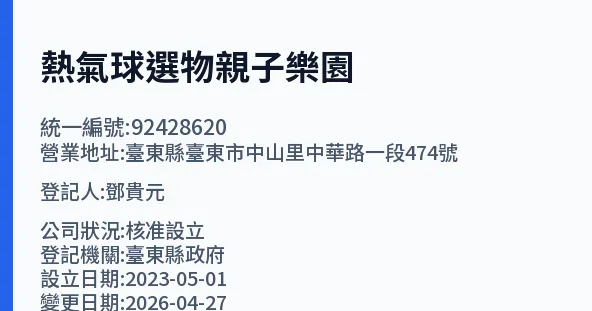熱氣球選物親子樂園的照片-統編 92428620(臺東縣) 公司登記資料與營業項目詳細圖表