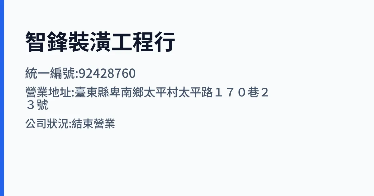 智鋒裝潢工程行 - 統編 92428760(臺東縣) 公司登記資料與營業項目詳細圖表