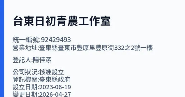 台東日初青農工作室的照片-統編 92429493(臺東縣) 公司登記資料與營業項目詳細圖表