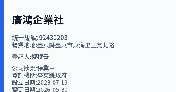 廣鴻企業社的照片-統編 92430203(臺東縣) 公司登記資料與營業項目詳細圖表