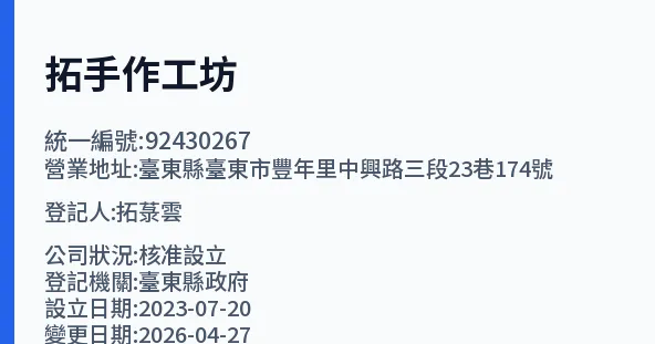拓手作工坊的照片-統編 92430267(臺東縣) 公司登記資料與營業項目詳細圖表