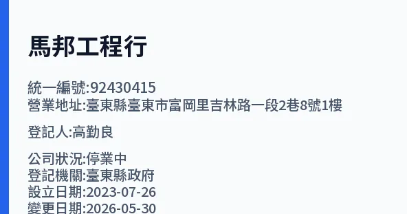 馬邦工程行的照片-統編 92430415(臺東縣) 公司登記資料與營業項目詳細圖表