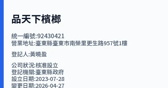 品天下檳榔的照片-統編 92430421(臺東縣) 公司登記資料與營業項目詳細圖表