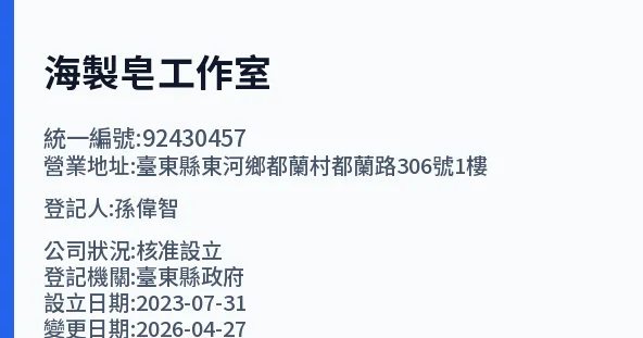 海製皂工作室的照片-統編 92430457(臺東縣) 公司登記資料與營業項目詳細圖表