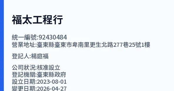 福太工程行的照片-統編 92430484(臺東縣) 公司登記資料與營業項目詳細圖表