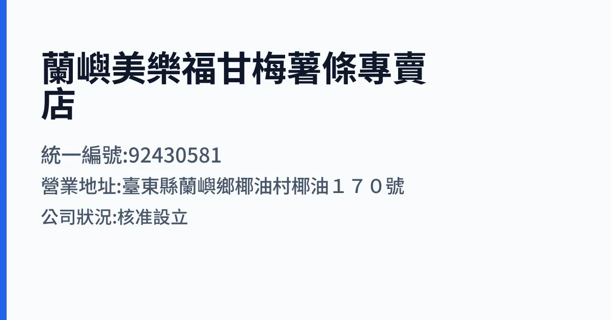 蘭嶼美樂福甘梅薯條專賣店 - 統編 92430581(臺東縣) 公司登記資料與營業項目詳細圖表
