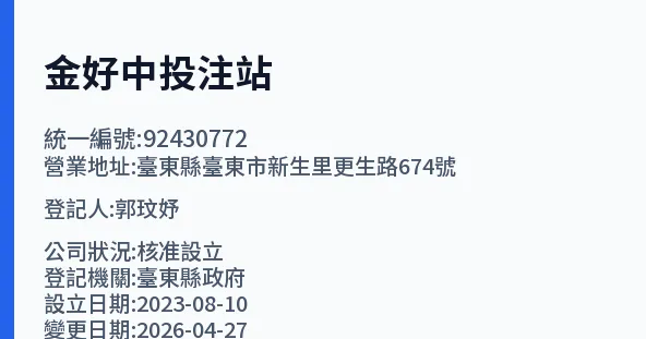 金好中投注站的照片-統編 92430772(臺東縣) 公司登記資料與營業項目詳細圖表