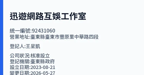 迅遊網路互娛工作室的照片-統編 92431060(臺東縣) 公司登記資料與營業項目詳細圖表