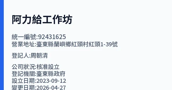 阿力給工作坊的照片-統編 92431625(臺東縣) 公司登記資料與營業項目詳細圖表