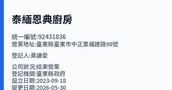 泰緬恩典廚房的照片-統編 92431836(臺東縣) 公司登記資料與營業項目詳細圖表