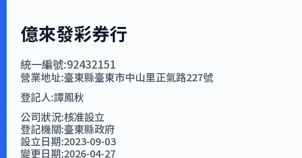 億來發彩券行的照片-統編 92432151(臺東縣) 公司登記資料與營業項目詳細圖表