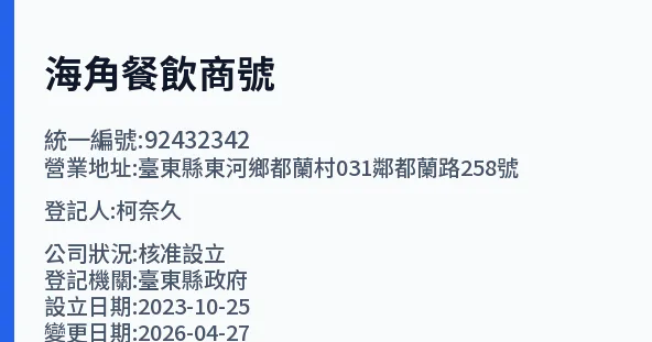 海角餐飲商號的照片-統編 92432342(臺東縣) 公司登記資料與營業項目詳細圖表