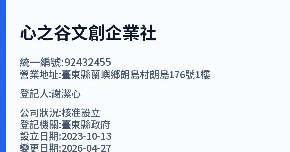心之谷文創企業社的照片-統編 92432455(臺東縣) 公司登記資料與營業項目詳細圖表