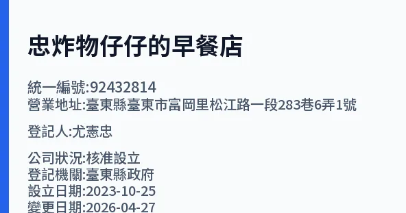 忠炸物仔仔的早餐店的照片-統編 92432814(臺東縣) 公司登記資料與營業項目詳細圖表