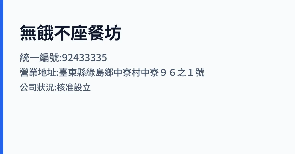 無餓不座餐坊 - 統編 92433335(臺東縣) 公司登記資料與營業項目詳細圖表