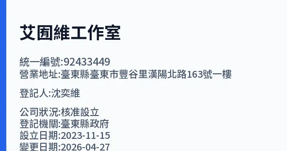 艾囿維工作室的照片-統編 92433449(臺東縣) 公司登記資料與營業項目詳細圖表