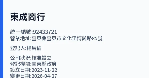 東成商行的照片-統編 92433721(臺東縣) 公司登記資料與營業項目詳細圖表