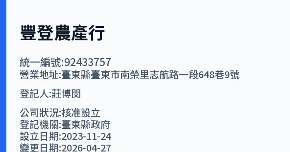 豐登農產行的照片-統編 92433757(臺東縣) 公司登記資料與營業項目詳細圖表