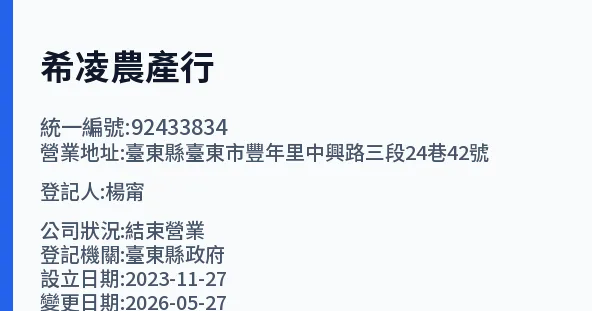 希凌農產行的照片-統編 92433834(臺東縣) 公司登記資料與營業項目詳細圖表