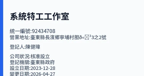 系統特工工作室的照片-統編 92434708(臺東縣) 公司登記資料與營業項目詳細圖表