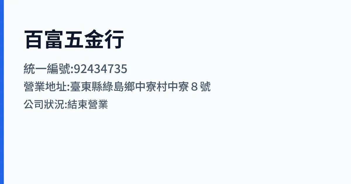 百富五金行 - 統編 92434735(臺東縣) 公司登記資料與營業項目詳細圖表