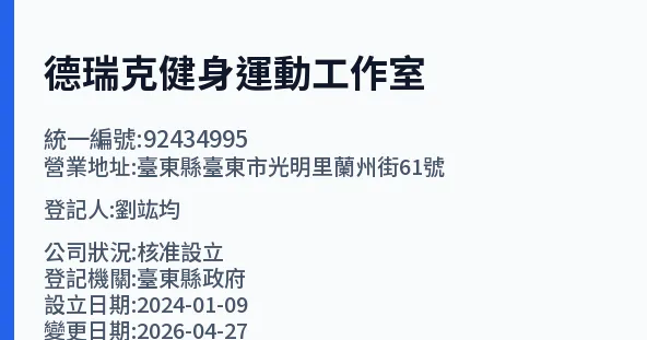 德瑞克健身運動工作室的照片-統編 92434995(臺東縣) 公司登記資料與營業項目詳細圖表
