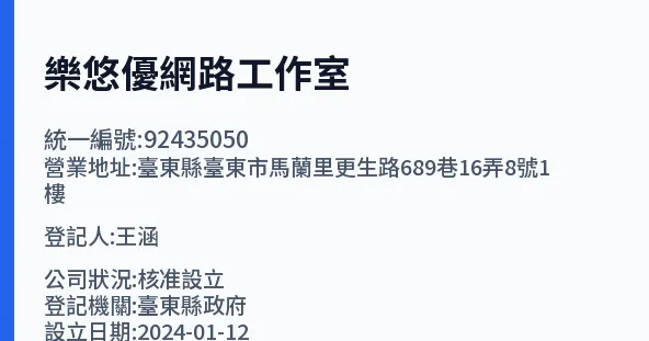 樂悠優網路工作室的照片-統編 92435050(臺東縣) 公司登記資料與營業項目詳細圖表