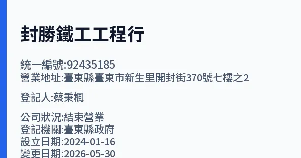 封勝鐵工工程行的照片-統編 92435185(臺東縣) 公司登記資料與營業項目詳細圖表