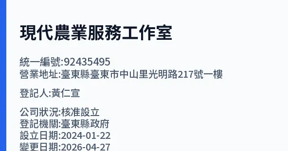現代農業服務工作室的照片-統編 92435495(臺東縣) 公司登記資料與營業項目詳細圖表