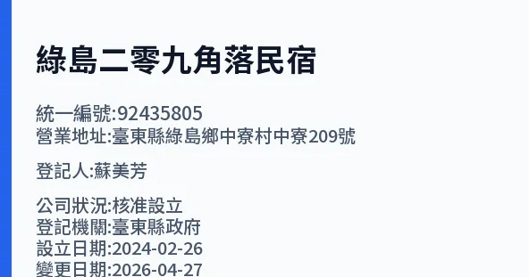 綠島二零九角落民宿的照片-統編 92435805(臺東縣) 公司登記資料與營業項目詳細圖表