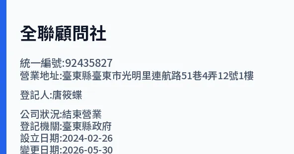 全聯顧問社的照片-統編 92435827(臺東縣) 公司登記資料與營業項目詳細圖表