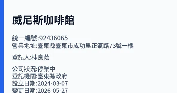 威尼斯咖啡館的照片-統編 92436065(臺東縣) 公司登記資料與營業項目詳細圖表