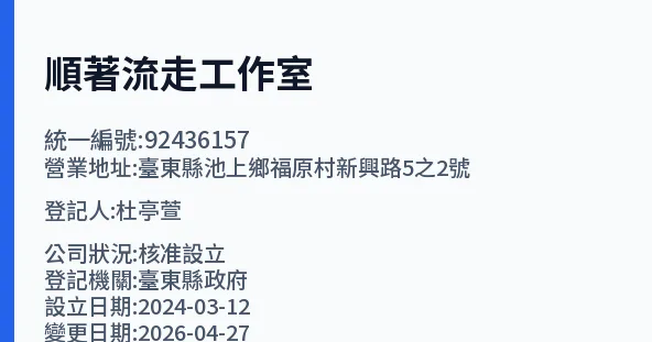 順著流走工作室的照片-統編 92436157(臺東縣) 公司登記資料與營業項目詳細圖表