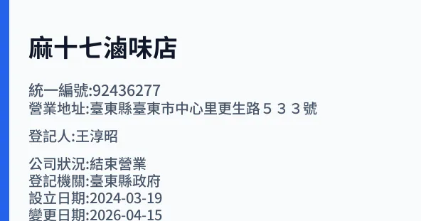 麻十七滷味店的照片-統編 92436277(臺東縣) 公司登記資料與營業項目詳細圖表