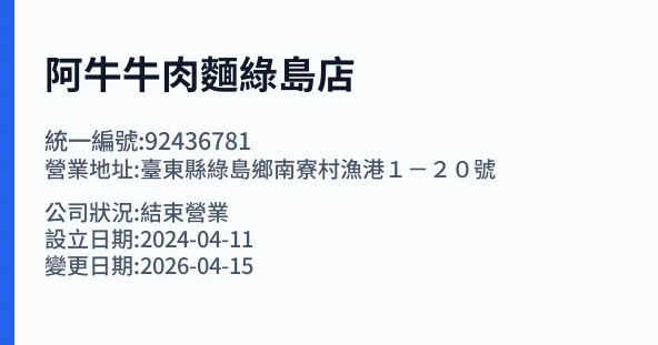 阿牛牛肉麵綠島店的照片-統編 92436781(臺東縣) 公司登記資料與營業項目詳細圖表
