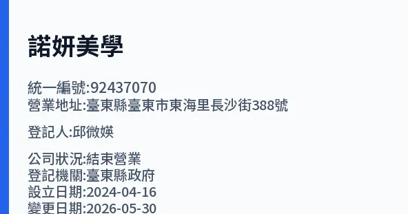 諾妍美學的照片-統編 92437070(臺東縣) 公司登記資料與營業項目詳細圖表