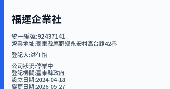 福運企業社的照片-統編 92437141(臺東縣) 公司登記資料與營業項目詳細圖表