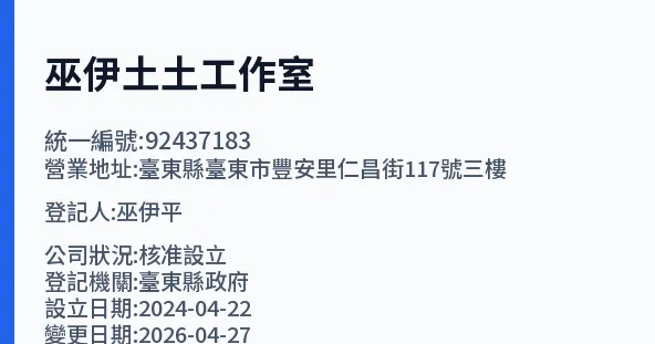 巫伊土土工作室的照片-統編 92437183(臺東縣) 公司登記資料與營業項目詳細圖表