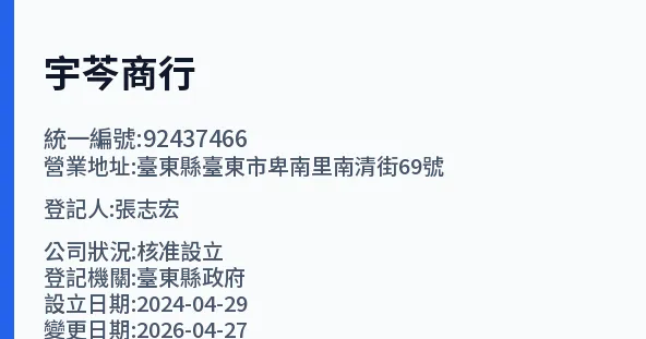 宇芩商行的照片-統編 92437466(臺東縣) 公司登記資料與營業項目詳細圖表