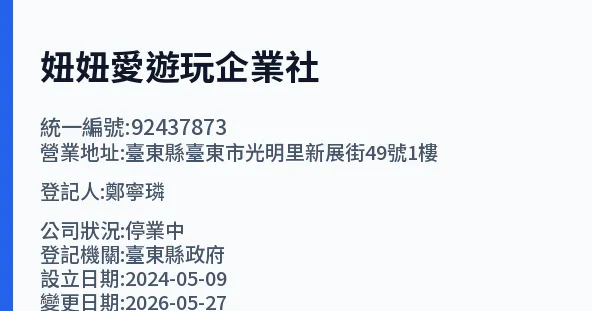 妞妞愛遊玩企業社的照片-統編 92437873(臺東縣) 公司登記資料與營業項目詳細圖表