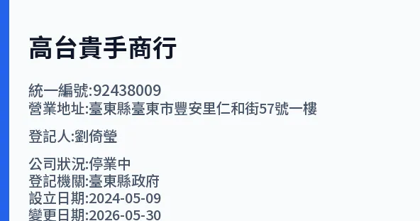 高台貴手商行的照片-統編 92438009(臺東縣) 公司登記資料與營業項目詳細圖表