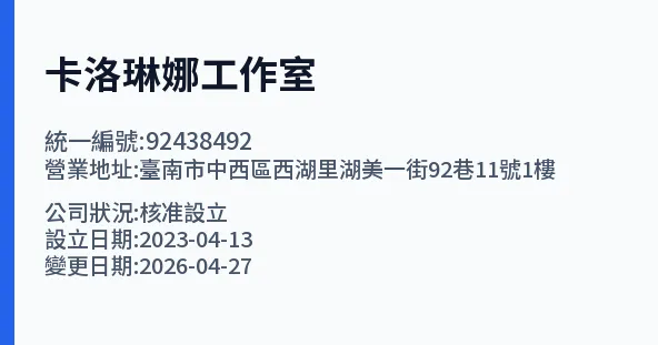 卡洛琳娜工作室的照片-統編 92438492(臺南市) 公司登記資料與營業項目詳細圖表