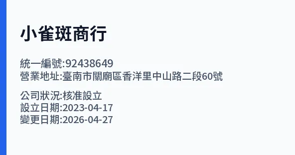 小雀斑商行的照片-統編 92438649(臺南市) 公司登記資料與營業項目詳細圖表