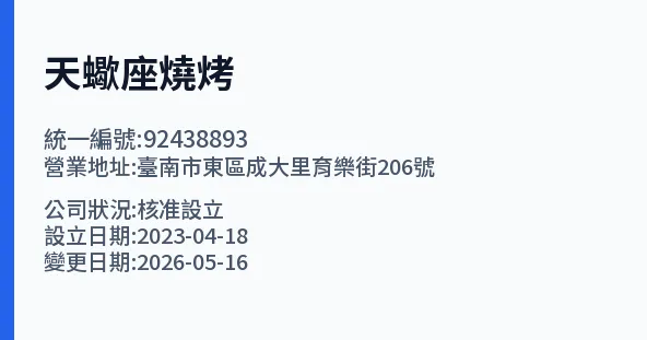 天蠍座燒烤的照片-統編 92438893(臺南市) 公司登記資料與營業項目詳細圖表