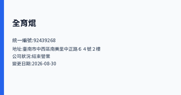 全育焜的照片-統編 92439268(臺南市) 公司登記資料與營業項目詳細圖表