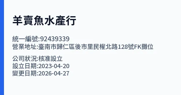 羊賣魚水產行的照片-統編 92439339(臺南市) 公司登記資料與營業項目詳細圖表
