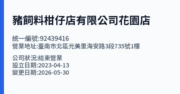豬飼料柑仔店有限公司花園店的照片-統編 92439416(臺南市) 公司登記資料與營業項目詳細圖表