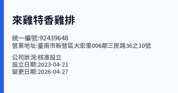 來雞特香雞排的照片-統編 92439648(臺南市) 公司登記資料與營業項目詳細圖表
