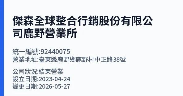 傑森全球整合行銷股份有限公司鹿野營業所的照片-統編 92440075(臺東縣) 公司登記資料與營業項目詳細圖表