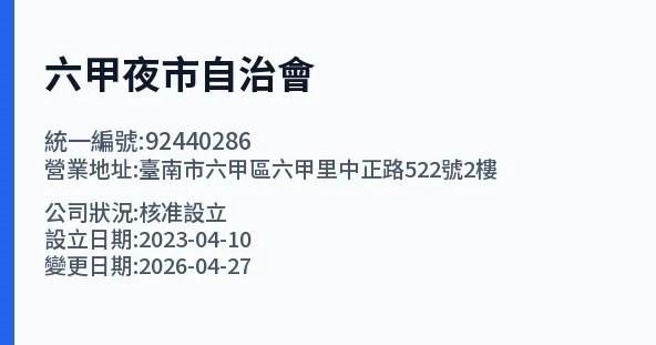六甲夜市自治會的照片-統編 92440286(臺南市) 公司登記資料與營業項目詳細圖表